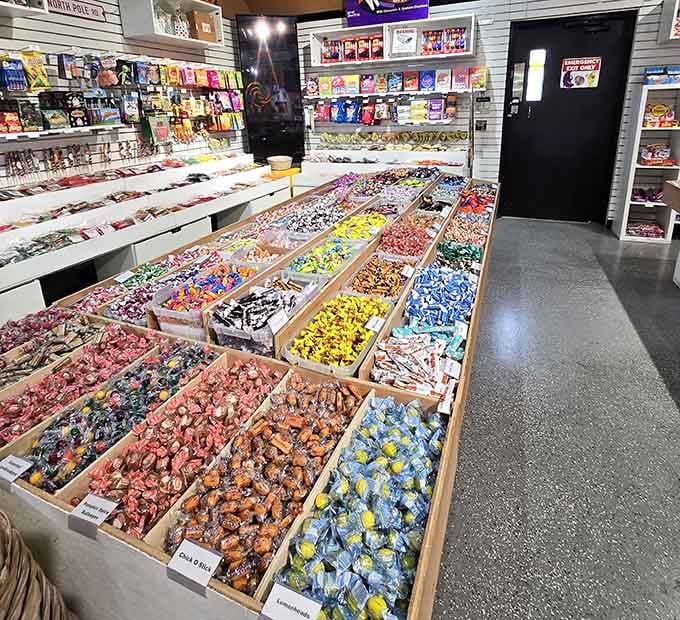 Rows of wrapped taffy gleam like edible jewels, each one a tiny vacation for your taste buds.