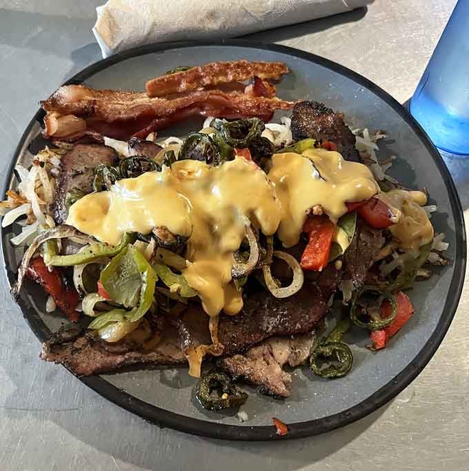Behold the brisket hash: a mountain of smoky meat that laughs in the face of portion control.