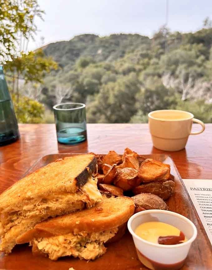 Golden-brown perfection meets canyon views: this tuna melt knows it's living its best life on that outdoor table.