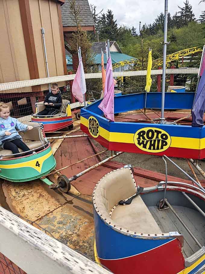 Roto Whip boats circle endlessly, creating that delightful dizzy feeling kids crave and parents remember fondly.