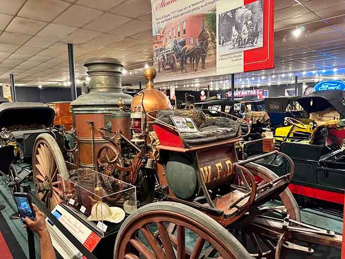 That gleaming copper boiler and vintage fire equipment prove firefighting was once equal parts bravery and mechanical ingenuity.