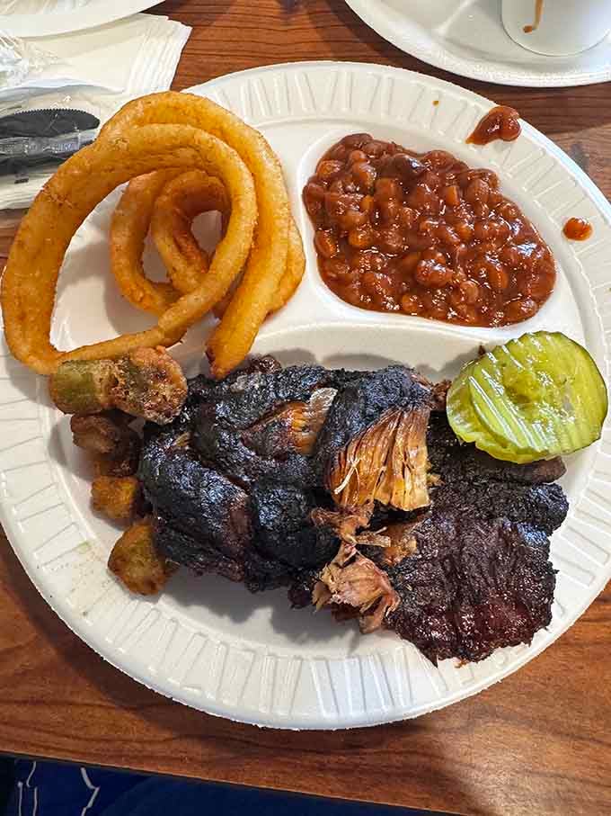 Onion rings, baked beans, and a mountain of smoky meat, this plate understands what happiness looks like.