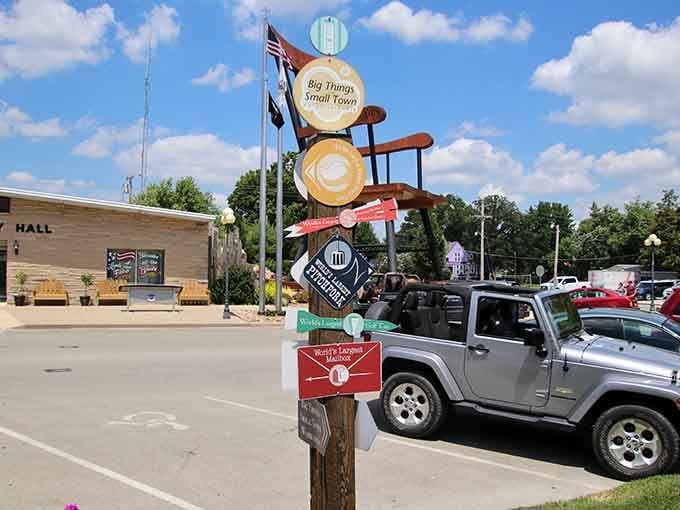 Your roadmap to absurdity: follow the signs to discover which oversized treasure you'll photograph first today.