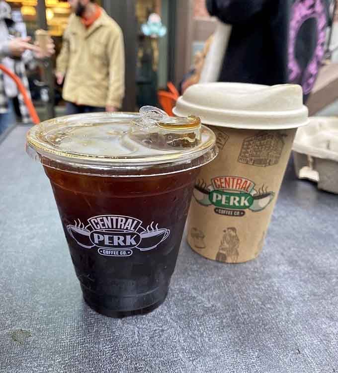 Two perfectly crafted coffees bearing the Central Perk logo, ready to fuel your own sitcom-worthy conversations and adventures.