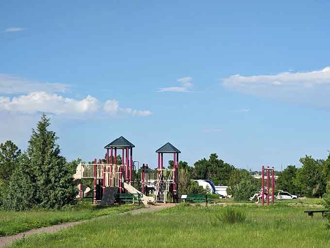 The playground towers stand ready to exhaust your kids so thoroughly they'll actually sleep tonight.