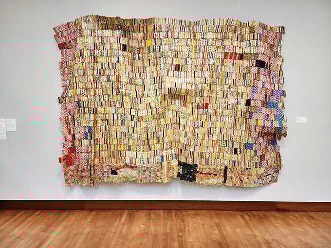 Woven fabric transforms into tapestry art, proving patience and thread can create something magnificently complex and beautiful.