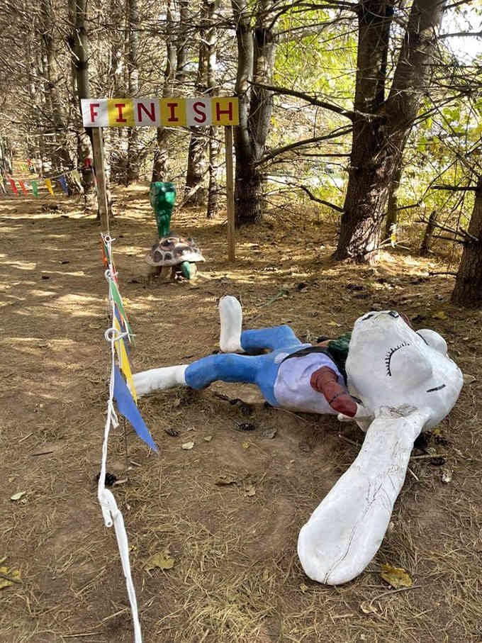 Even the finish line looks whimsical here, where nursery rhyme characters apparently compete in woodland races nobody told us about.
