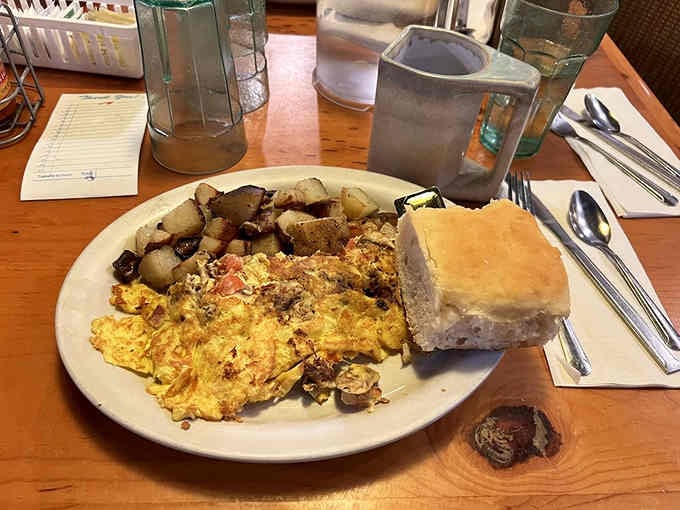 Golden hash browns, fluffy eggs, and a biscuit that could make a grown person weep with joy on one plate.