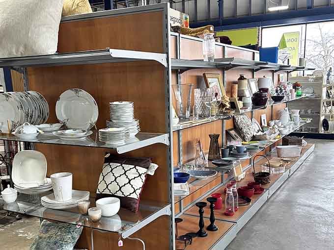 Dishes, glassware, and home goods line the shelves like a department store that forgot to charge department store prices.