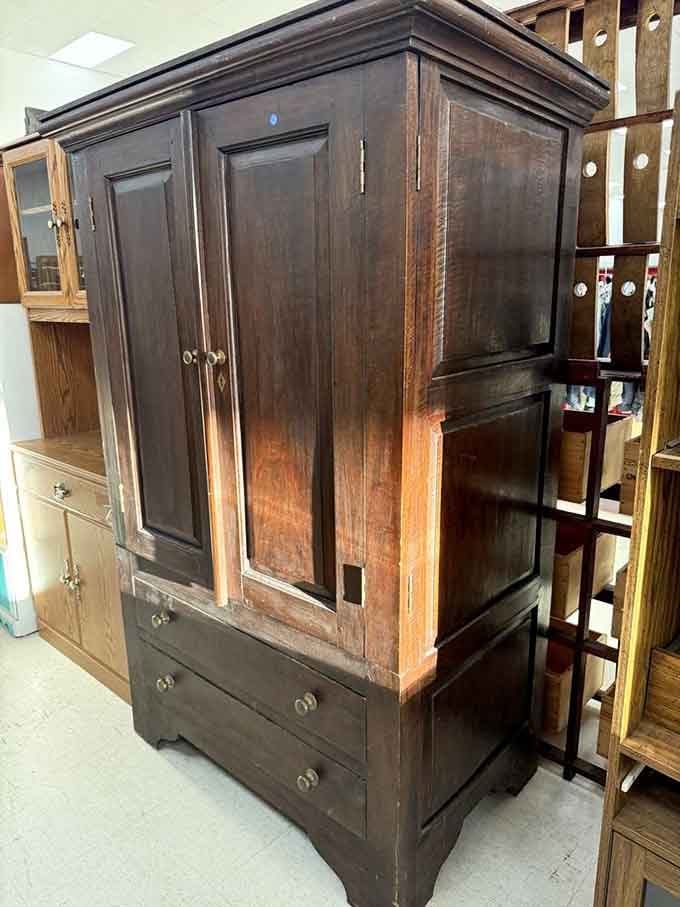 This gorgeous wooden armoire has more character in one drawer than most modern furniture has in its entire existence.