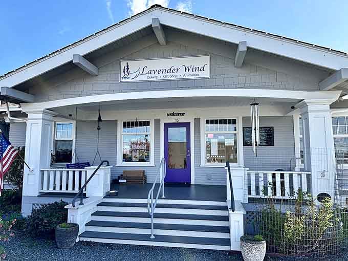 That purple door promises lavender treasures inside, because subtlety is overrated when you're selling botanical bliss.