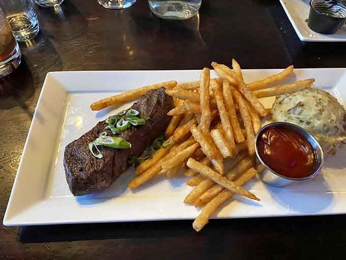 Perfectly cooked steak with crispy fries and creamy smashed potatoes proves simplicity done right beats complexity done wrong.