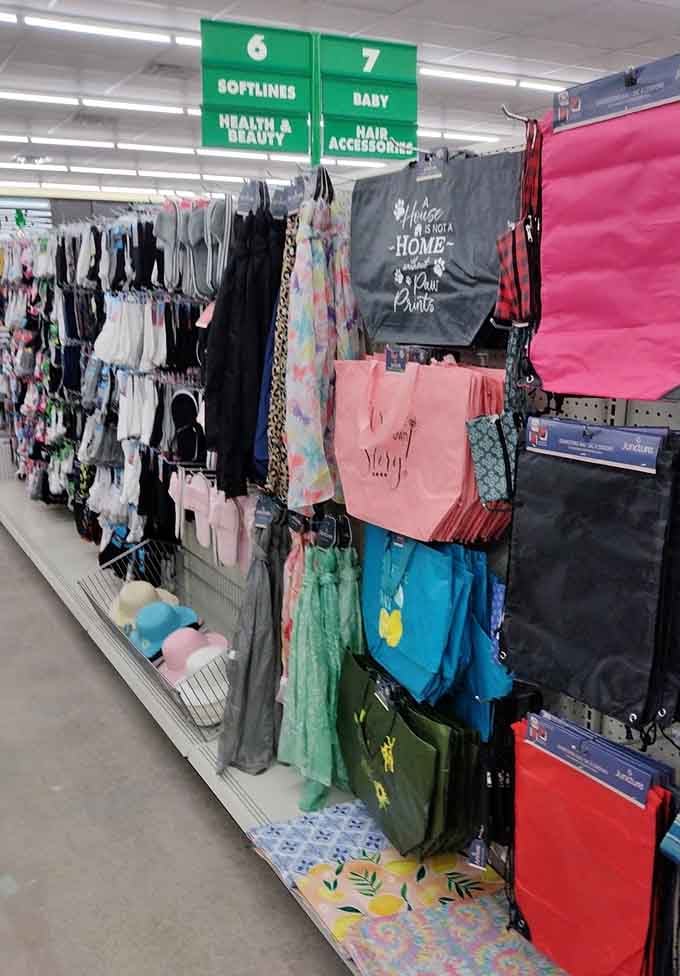 Tote bags and accessories line up like affordable soldiers ready to organize your entire life, one dollar at a time.