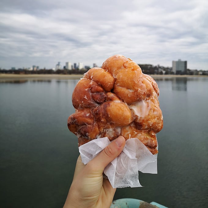 Behold the apple fritter in all its glory, photographed against the Boston skyline like a delicious monument.