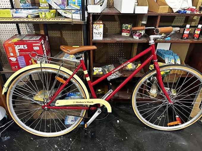 A Maker's Mark bicycle sits ready to pedal straight into someone's perfectly curated man cave dreams.