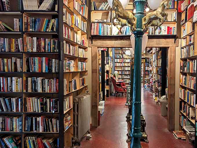 Floor-to-ceiling books in a real independent bookstore, because some towns still understand what matters in life.