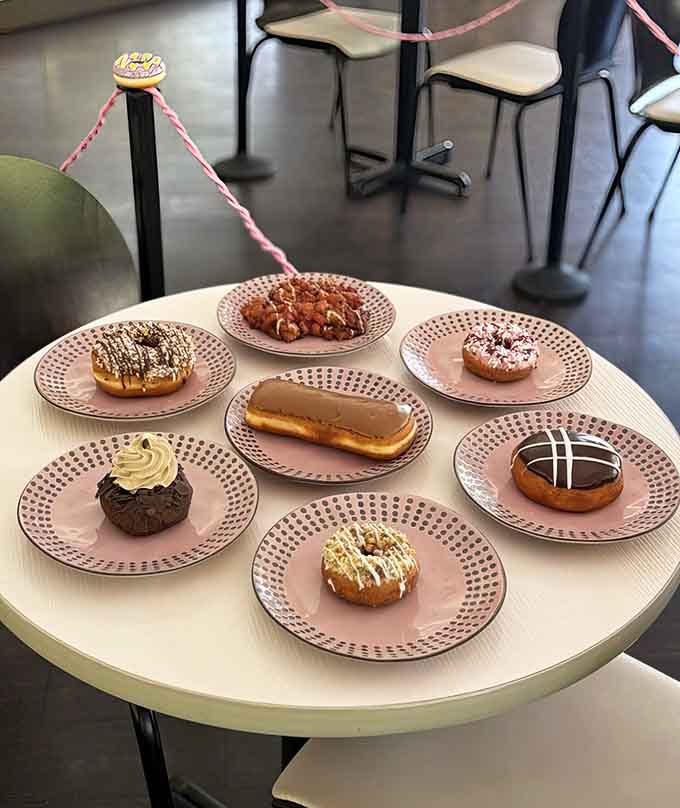 Seven different donuts on rose gold plates, because apparently someone decided breakfast should also be a work of art.