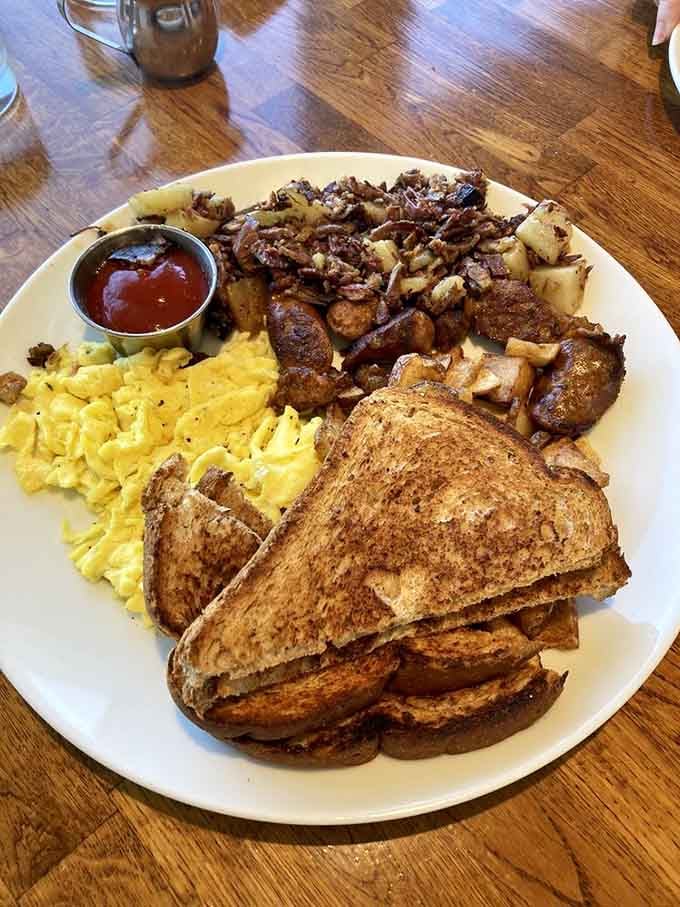Golden toast, fluffy eggs, and home fries that could make a grown person weep with joy – breakfast done absolutely right.