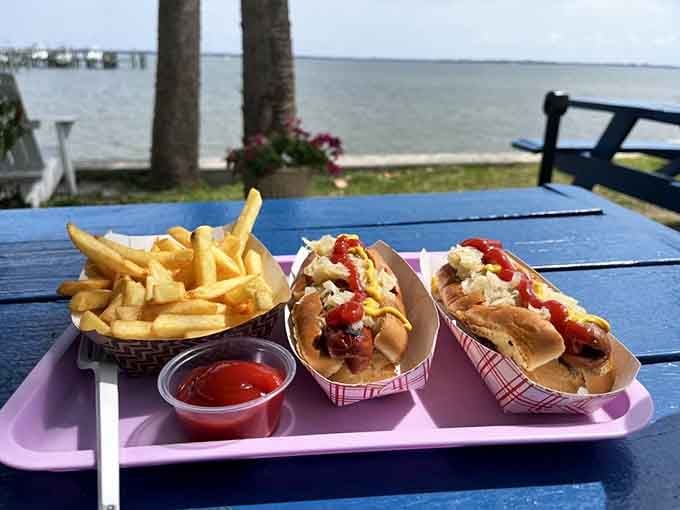 Waterfront dining with perfectly loaded dogs and crispy fries, because some lunches deserve a view that matches the food's quality.