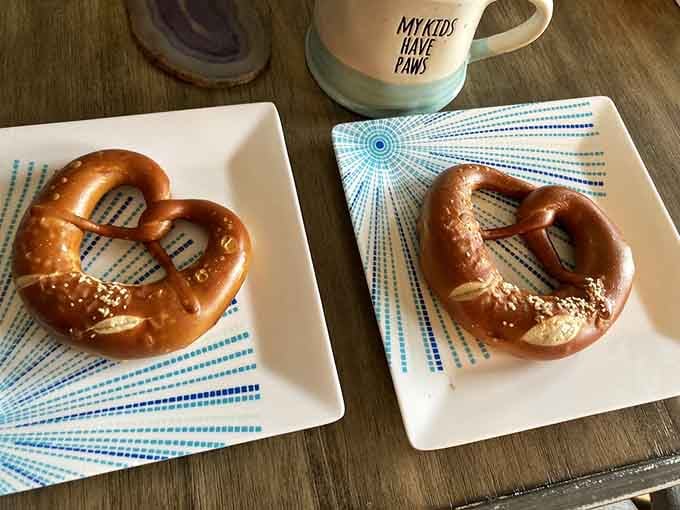 Two golden pretzels sitting pretty on white plates, their salt crystals glistening like edible jewelry from Bavaria.