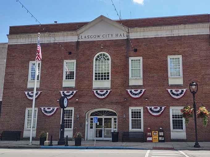 Glasgow City Hall dressed up in patriotic bunting like it's ready for the Fourth of July parade year-round.