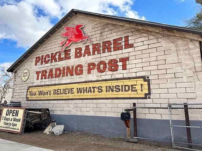 The Pickle Barrel Trading Post promises surprises inside, and that vintage Pegasus sign seals the deal beautifully.
