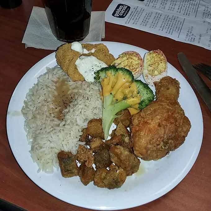 Rice, fried okra, broccoli, and hush puppies create a Southern comfort symphony on one plate.