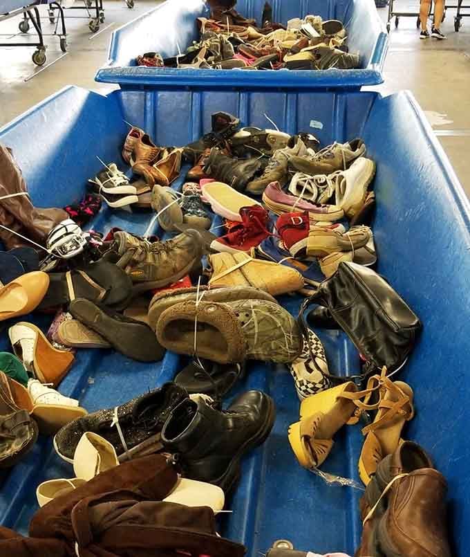 Footwear finds fill this bin, from hiking boots to heels, all waiting for their perfect match.