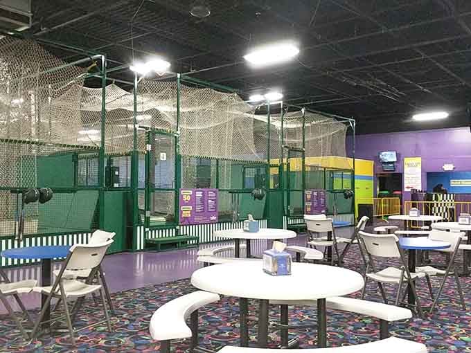 Round tables and colorful carpeting create the perfect staging area for refueling between your various athletic endeavors.