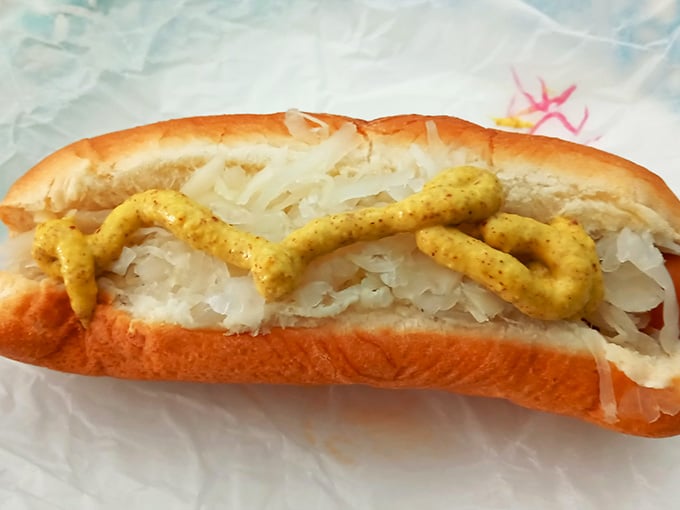 The Sauerkraut Dog arrives with enough tangy cabbage to make your German grandmother proud and jealous.