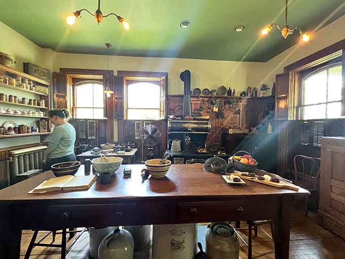 The kitchen where Victorian cooks worked harder than any of us ever will, no microwave in sight.