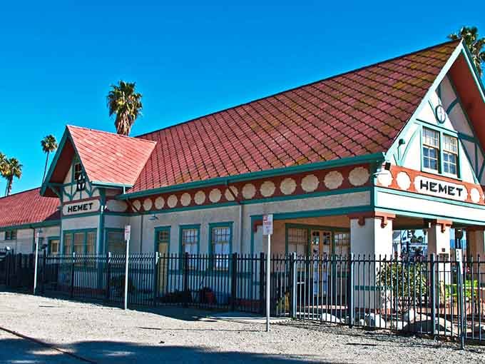 This charming train station building stands as a reminder of Hemet's rich history and architectural character.