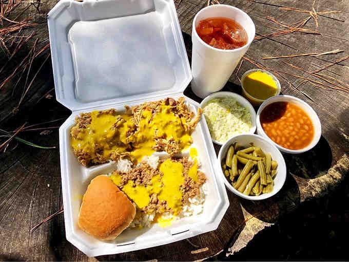 Hash over rice with mustard sauce, green beans, slaw, and sweet tea: this is South Carolina barbecue in its purest, most glorious form.