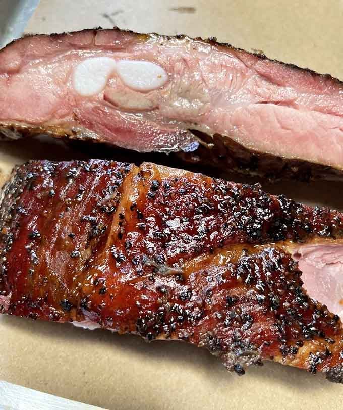 Behold the perfect smoke ring and glistening bark on these spare ribs that'll make you forget every other meal.