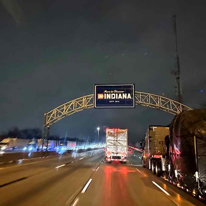 Rain or shine, day or night, this sign keeps welcoming folks home like a porch light that never burns out.