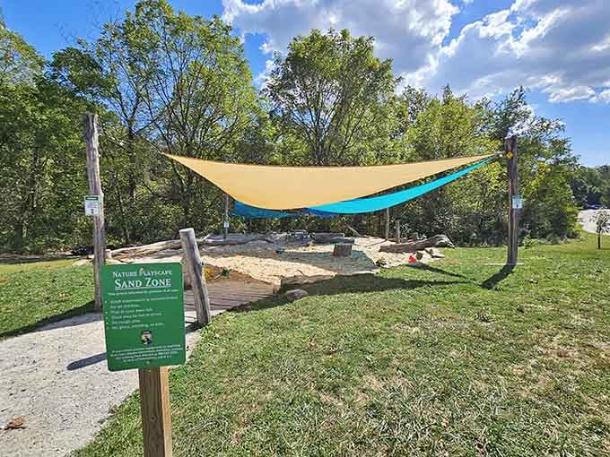 Kids can dig in the sand while contemplating the basket-by-basket labor that created these monumental structures nearby.