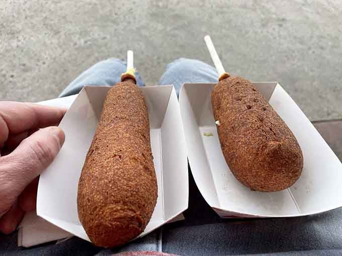 Two golden beauties ready for their close-up, crispy battered perfection on a stick like nature intended.