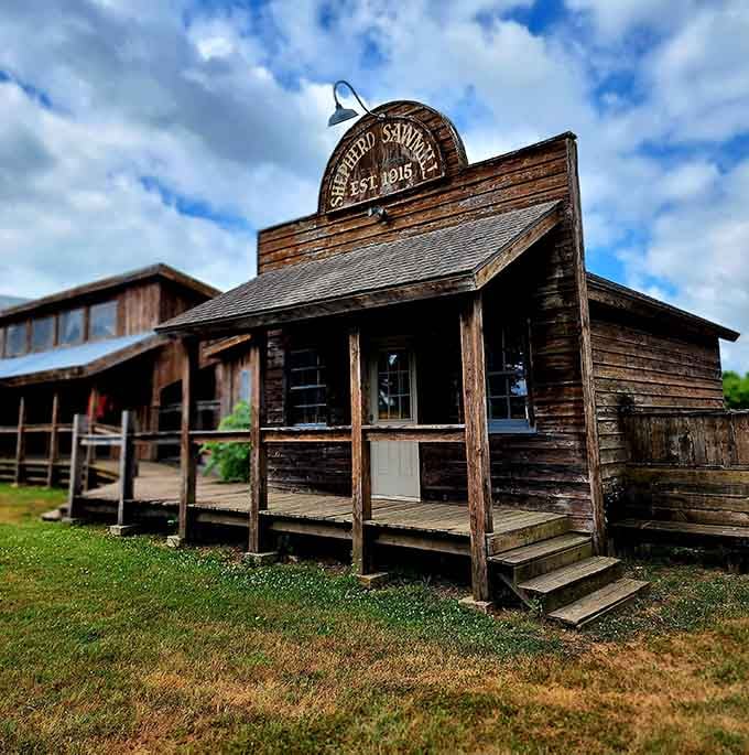 The Shepherd Sawmill building wears its weathered wood like badges of honor from decades of honest work and survival.