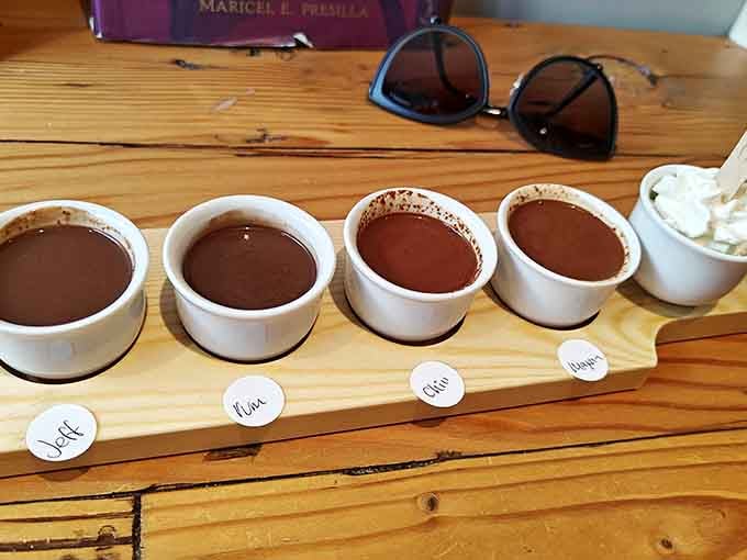 A chocolate flight lets you time-travel through flavors, from Aztec spice to European elegance in five small cups.