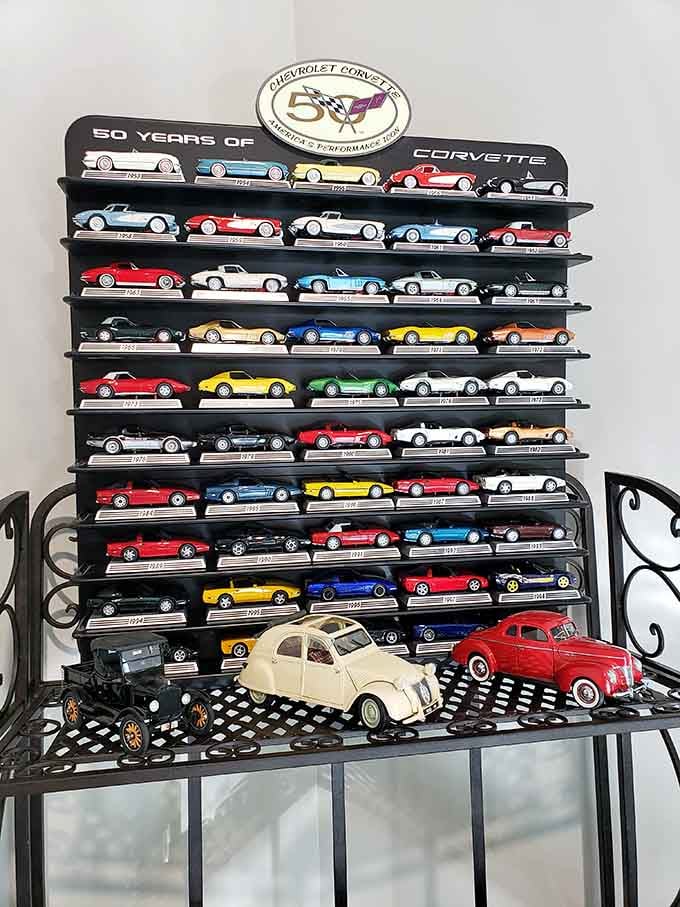 Fifty years of Corvette history, perfectly miniaturized and displayed like automotive jewelry on shelves.