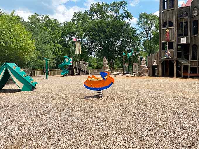 Even the playground equipment gets whimsical here, because why should castles have all the fun?