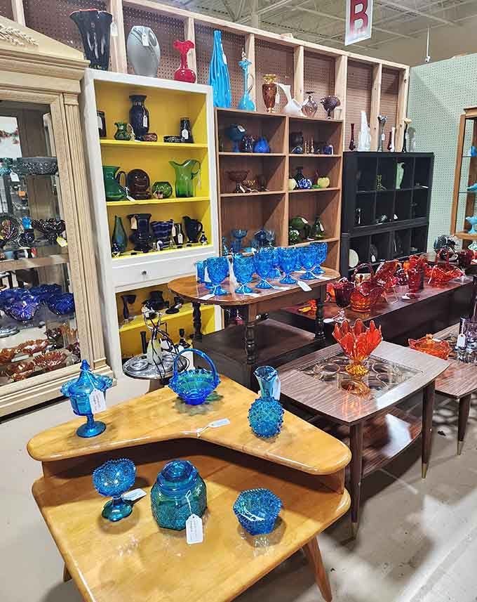 Glassware in every color of the rainbow, because apparently someone decided dishes should be more exciting.