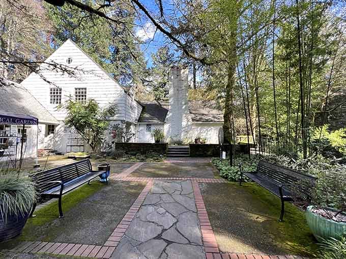 This courtyard space blends historic charm with natural beauty, perfect for a peaceful moment of reflection.