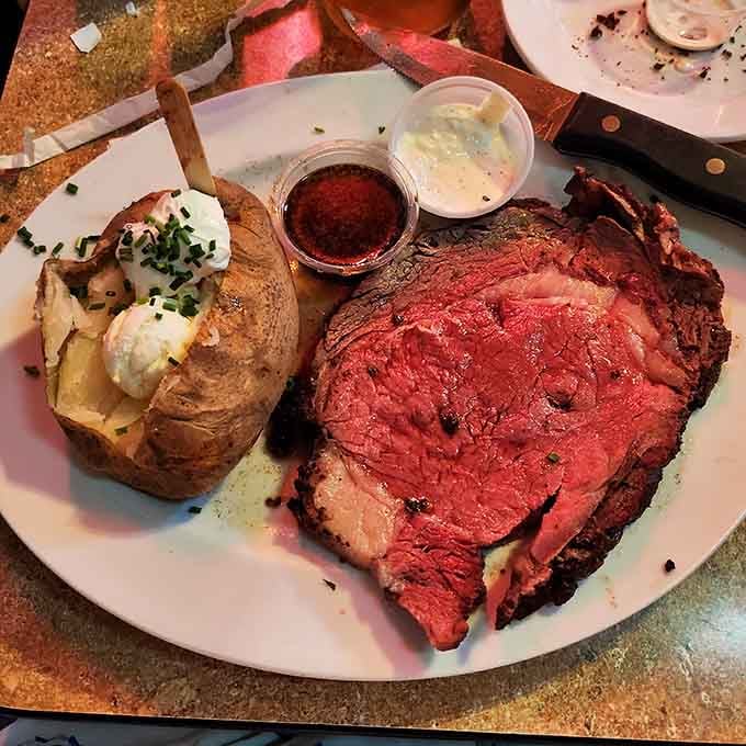 That prime rib's pink center and loaded baked potato could make a vegetarian reconsider their life choices.
