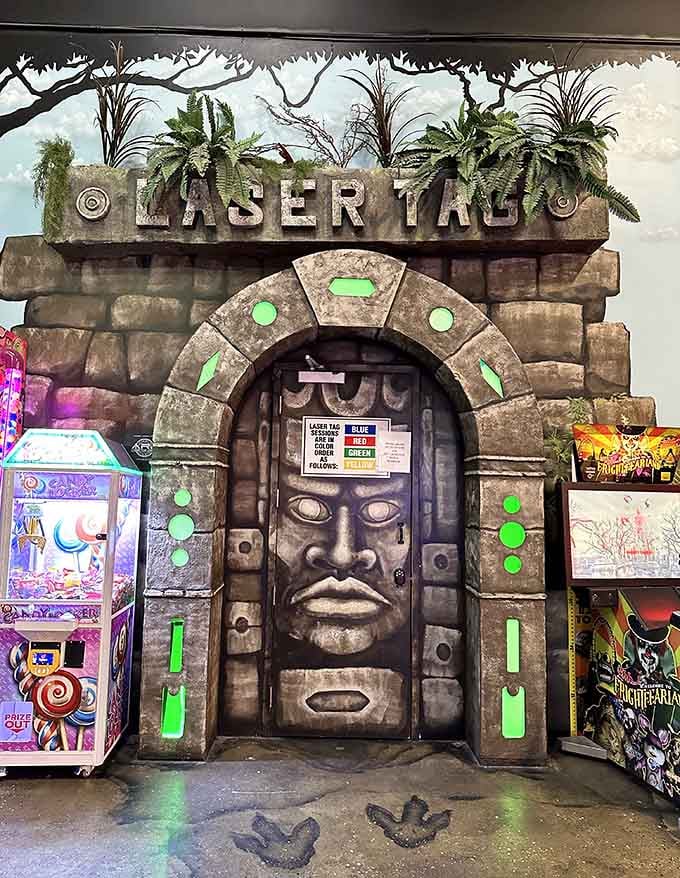 The laser tag entrance channels Indiana Jones vibes with ancient temple theming that makes you feel adventurous immediately.