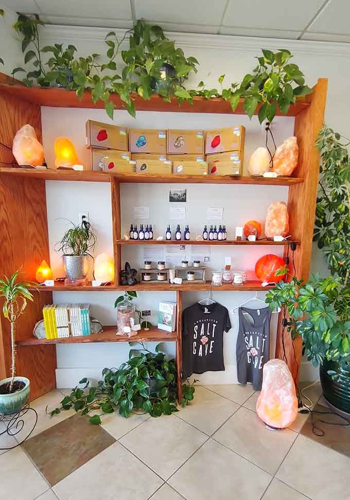 Shelves stocked with wellness goodies, salt lamps, and essential oils let you take the healing vibes home with you.