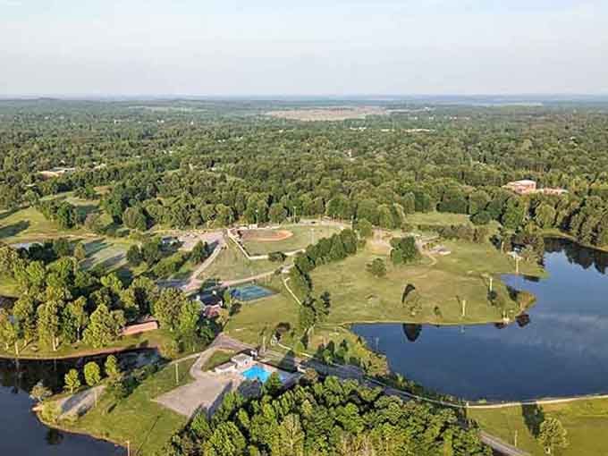 This aerial view proves that paradise doesn't require an ocean, just trees, water, and wide open spaces.
