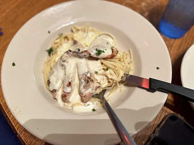 Chicken Alfredo served with enough creamy sauce to make you forget you ever counted calories in your life.