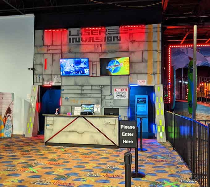 The laser tag arena entrance promises battles that'll make you forget you have a mortgage and responsibilities waiting at home.