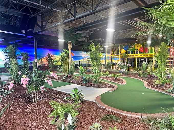 Palm trees indoors in Colorado? Sure, why not add a beach vibe to your putting game.